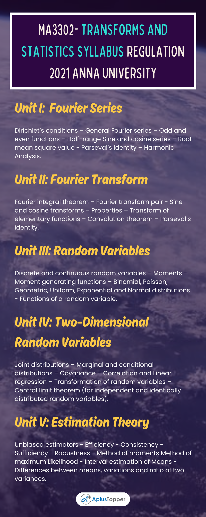 MA3302- Transforms And Statistics Syllabus Regulation 2021 Anna ...